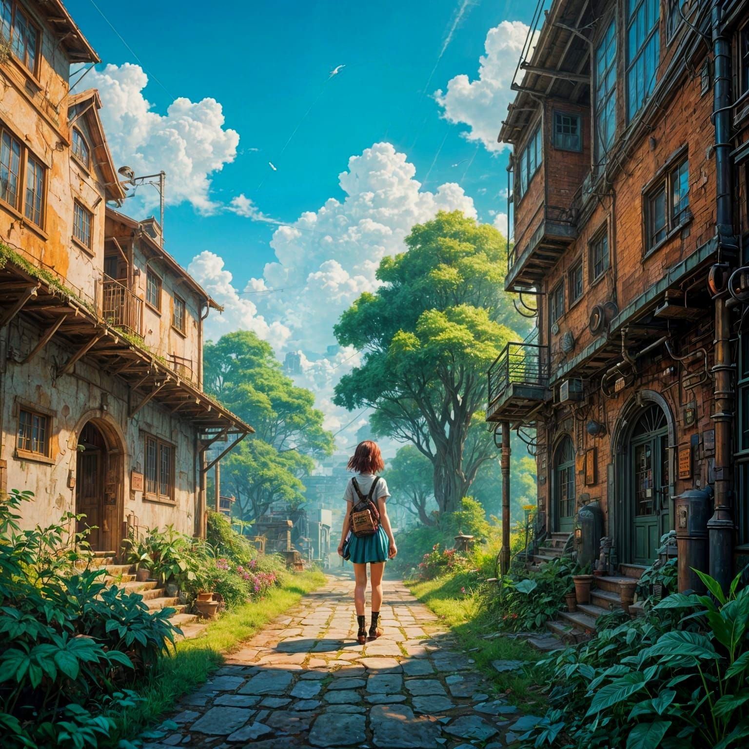 nostalgic era of 90's anime slums architecture with mild steampunk and ...