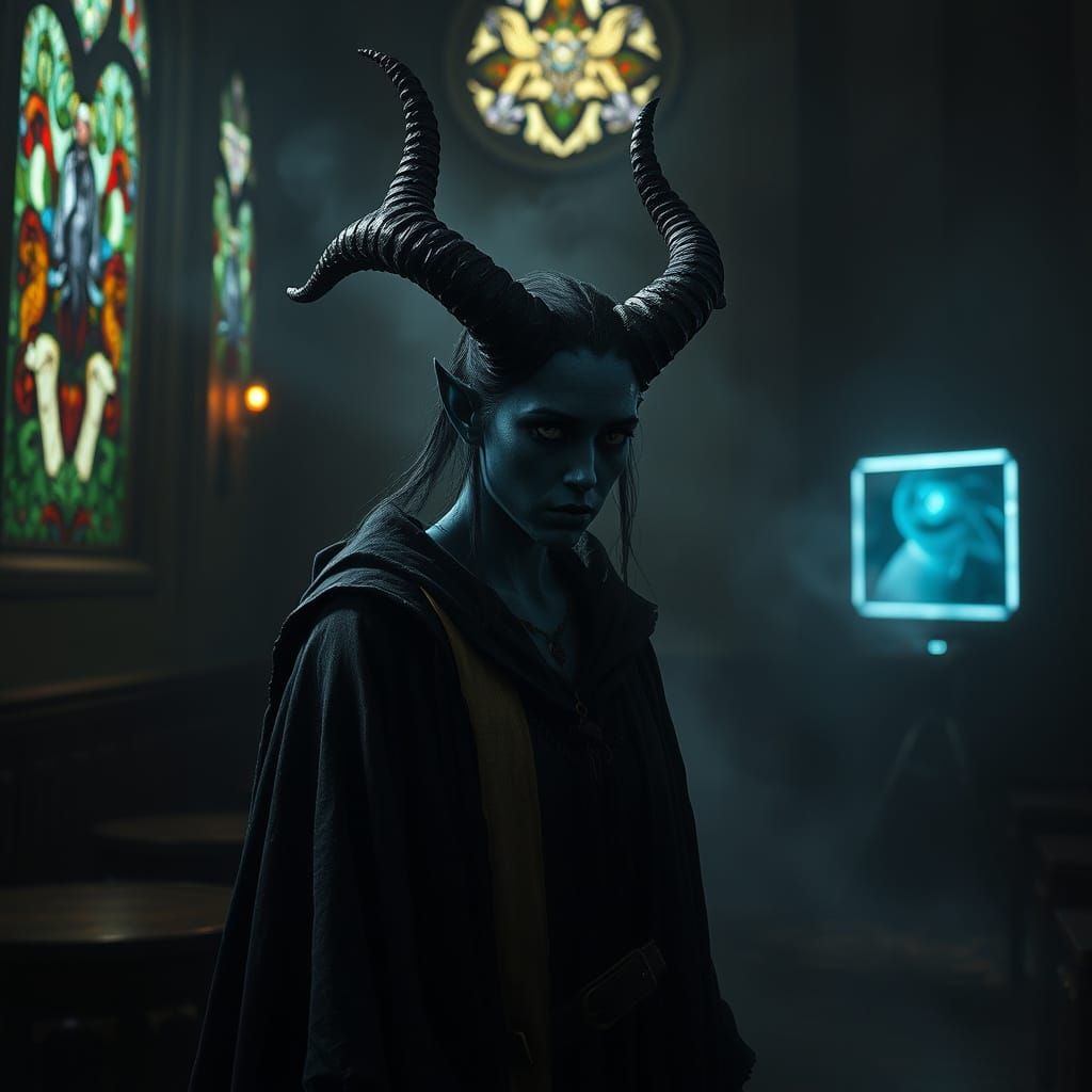 Ethereal Demon Priestess in a Haunting Chapel Scen... - AI Art