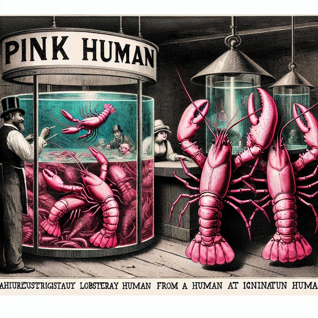 A family of excited lobsters picking a human from the human tank to be ...