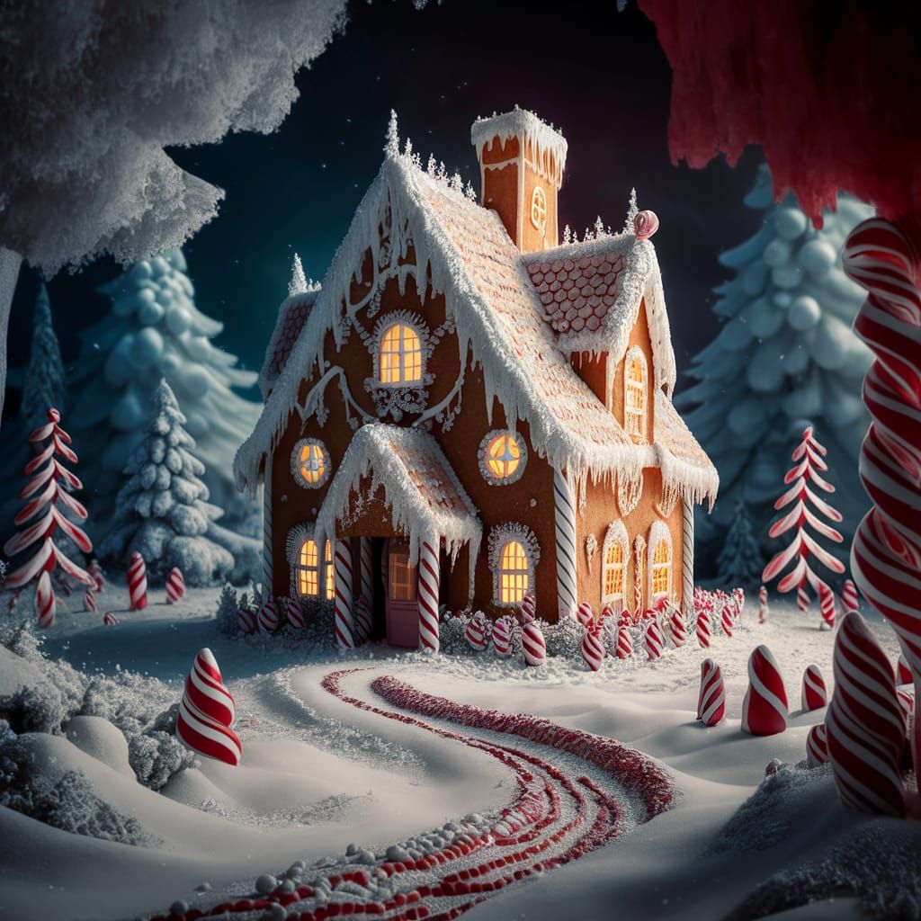 A fantastically detailed gingerbread house in a snowy winter wonderland ...