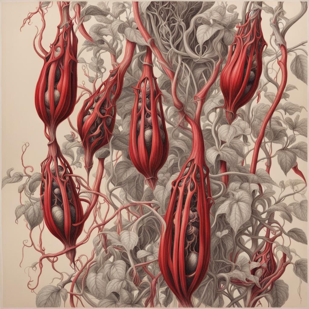 Hyper detailed drawing in red and black pencil on cream colored paper ...