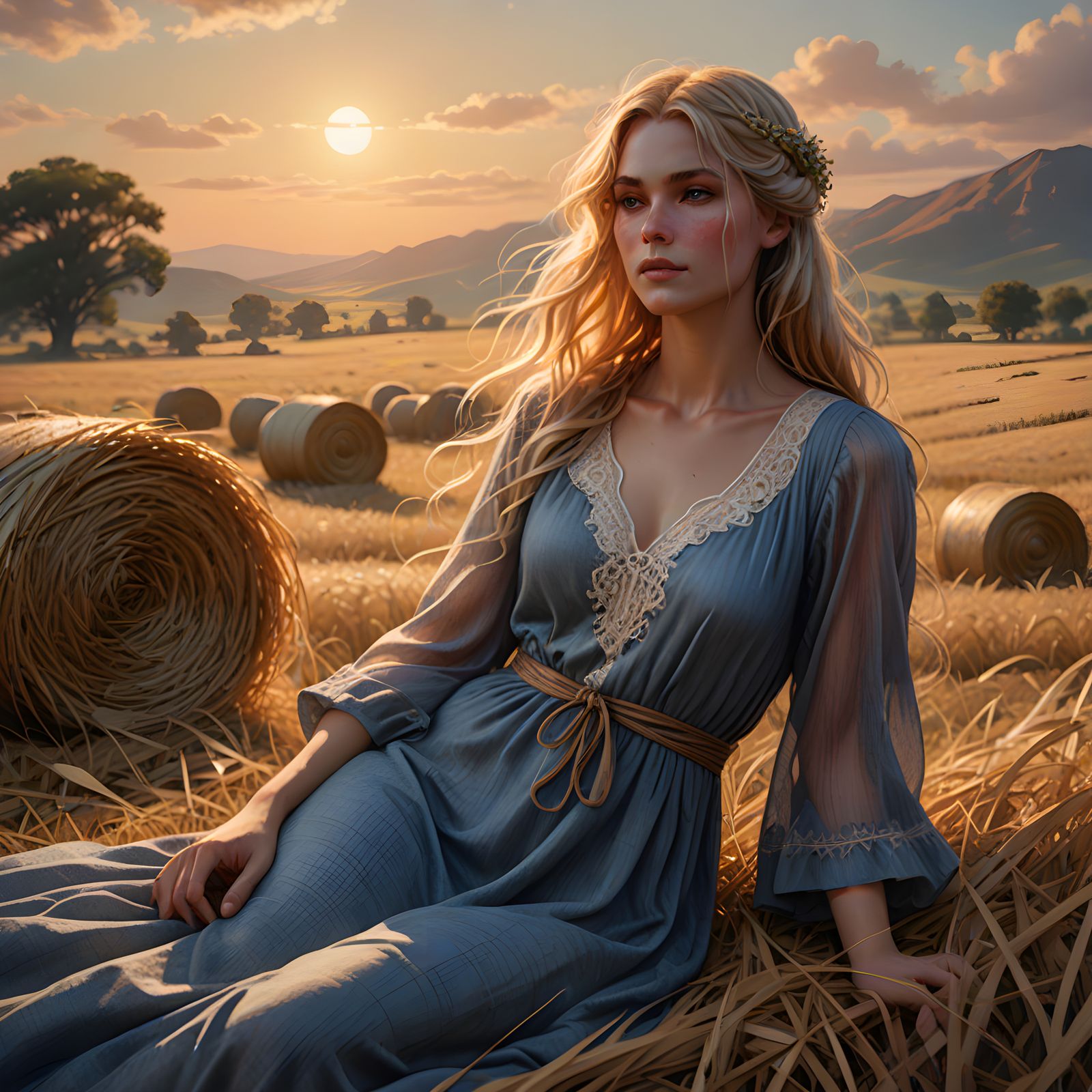 On Golden Fields - Surreal Sunset Goddess in Golden Hay