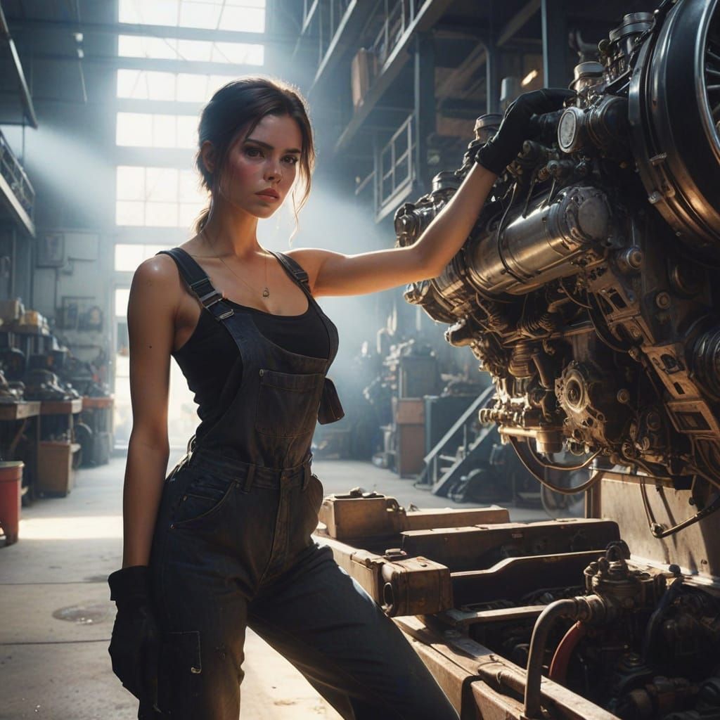 Girls and Aircraft Engines - Woman in Industrial Garage Sett...