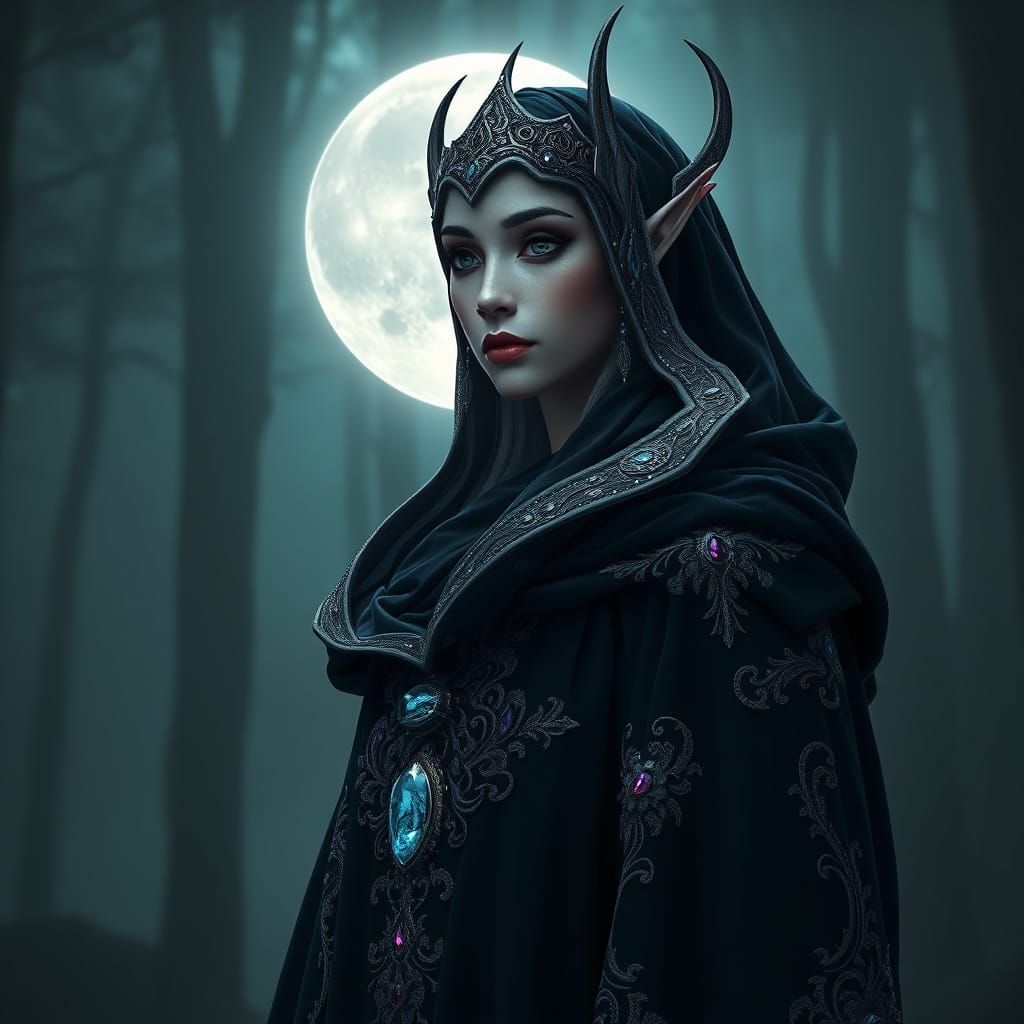 Dark Moon Elf Queen in Regal Velvet Cloak, Set Aga... - AI Art