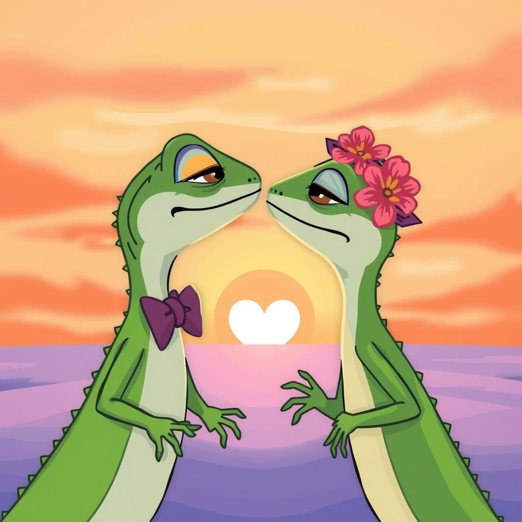 Whimsical Lizards in Love Amidst a Heart-Shaped Su... - AI Art