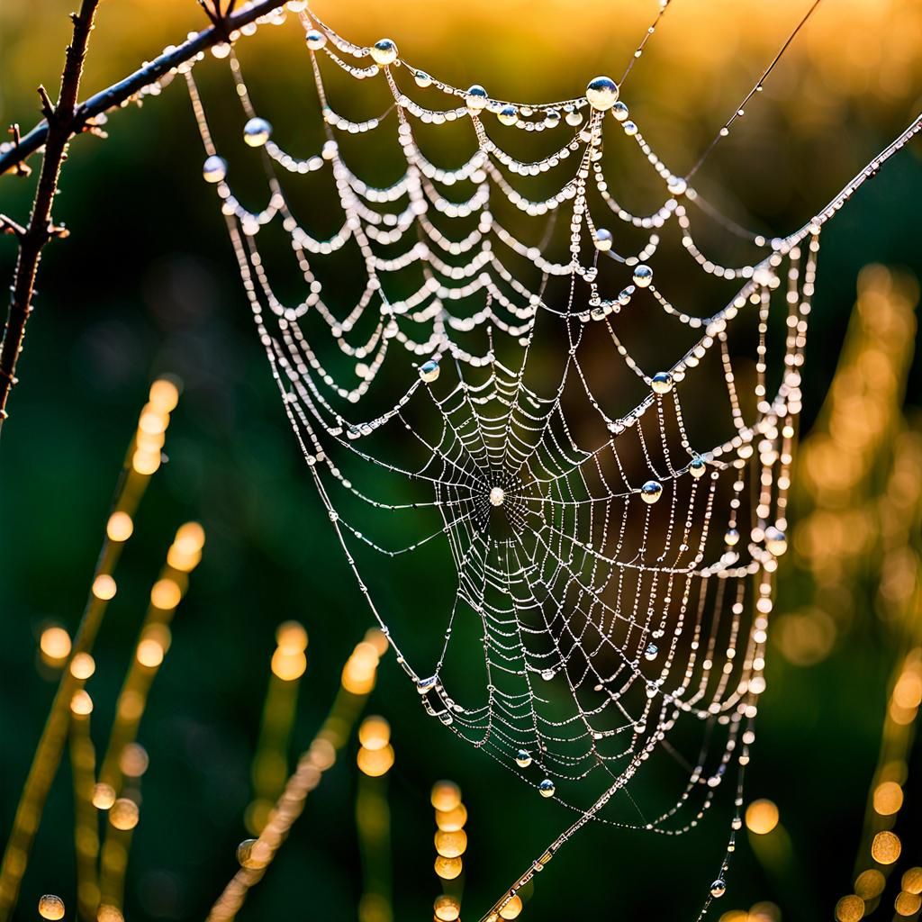 serene beauty of early morning, first rays of dawn, illuminate a spider ...