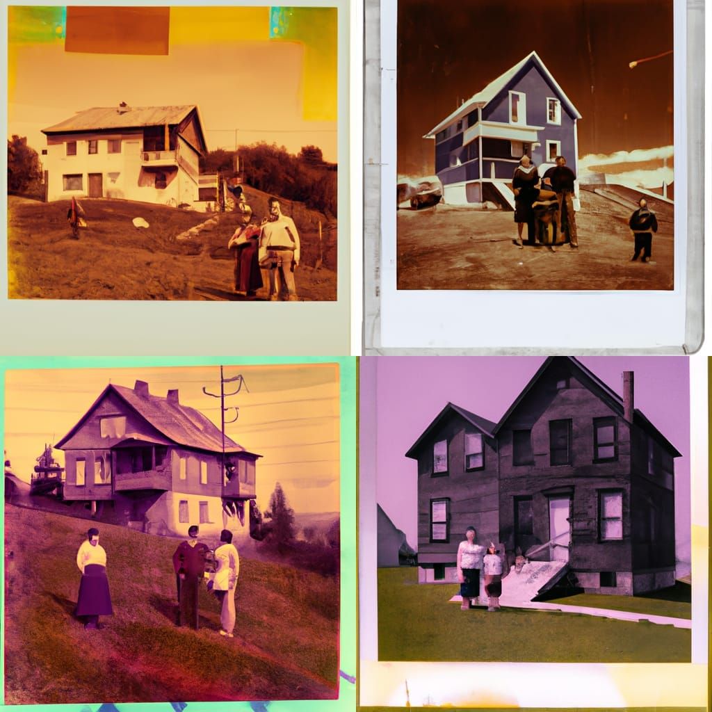 old colorized polaroid photo of a family standing near their two storey ...