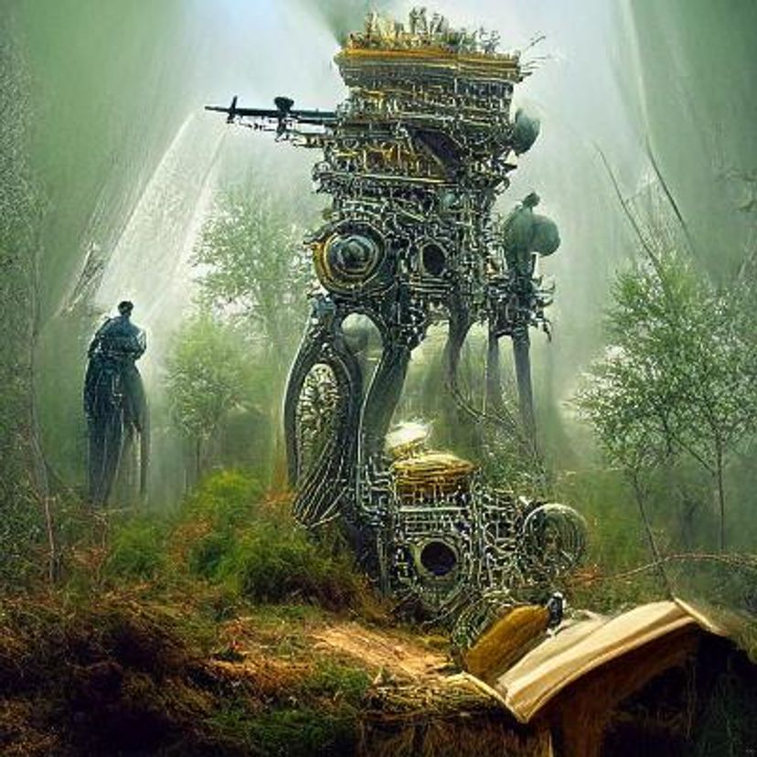 Mechanical Alien temple in a forest by Philip K Dick and Adrian ...