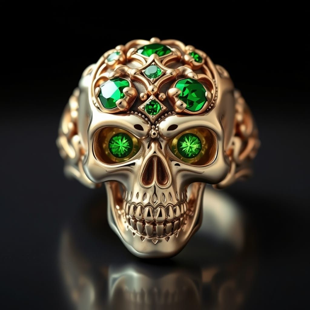 Gothic EMO Ring with Green Diamonds and Skull Eyes - AI Art