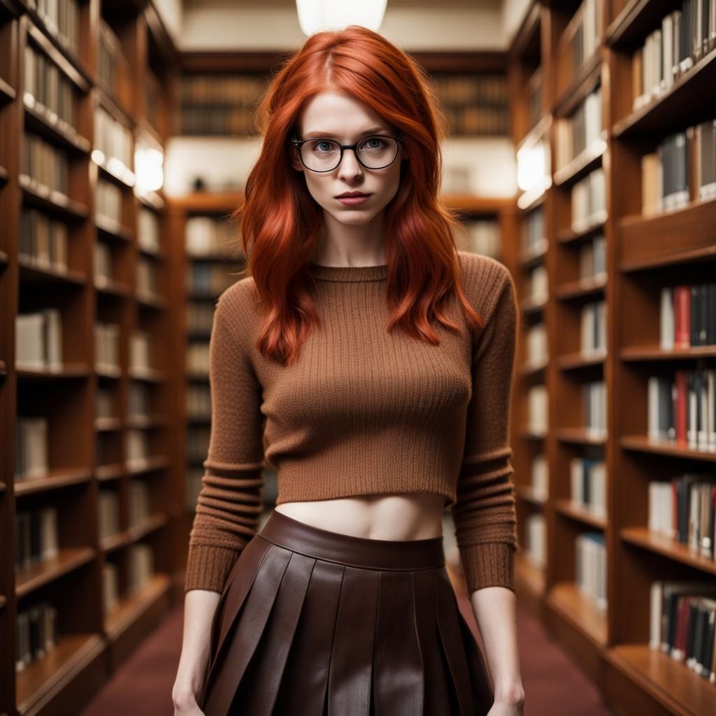 beautiful red hair Girl with glasses in brown sweater and brown skirt ...