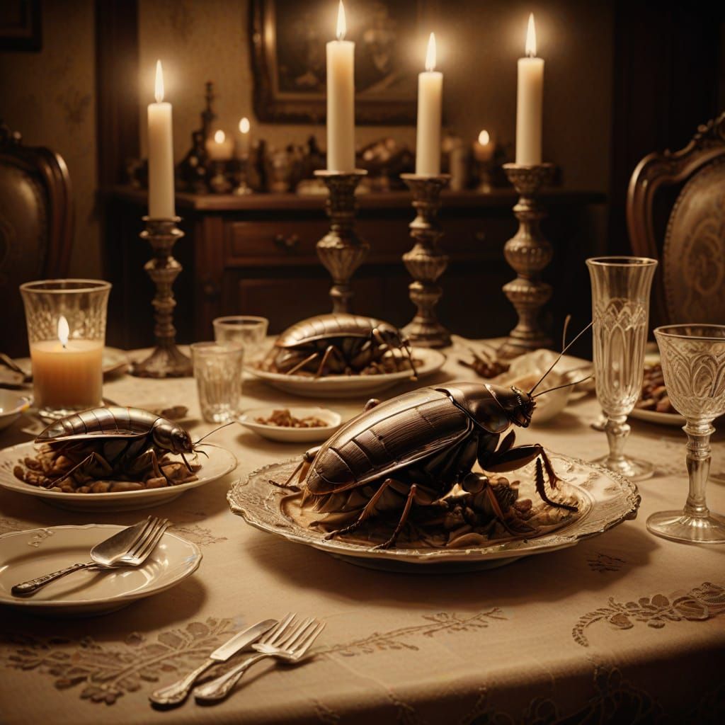 Cockroach dinner - Cockroach Dines with Family in Sepia Tone...