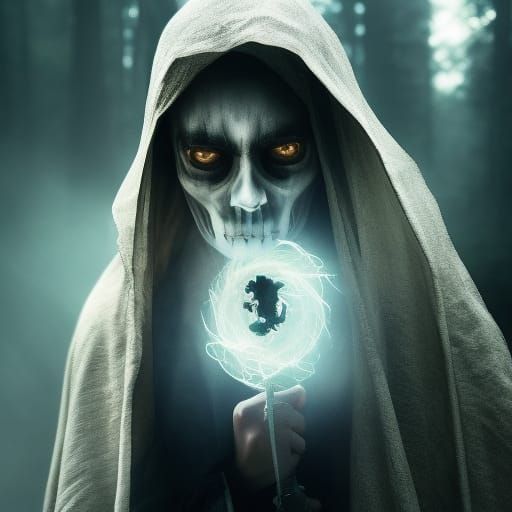 robed spectral ghost, floating, chained skulls floating around him in a ...