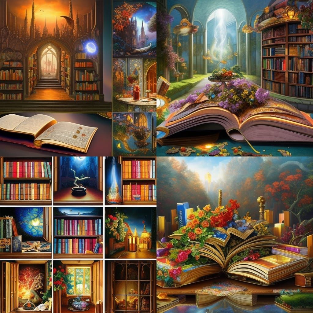 a beautiful fantastical magical collage of different opened books ...