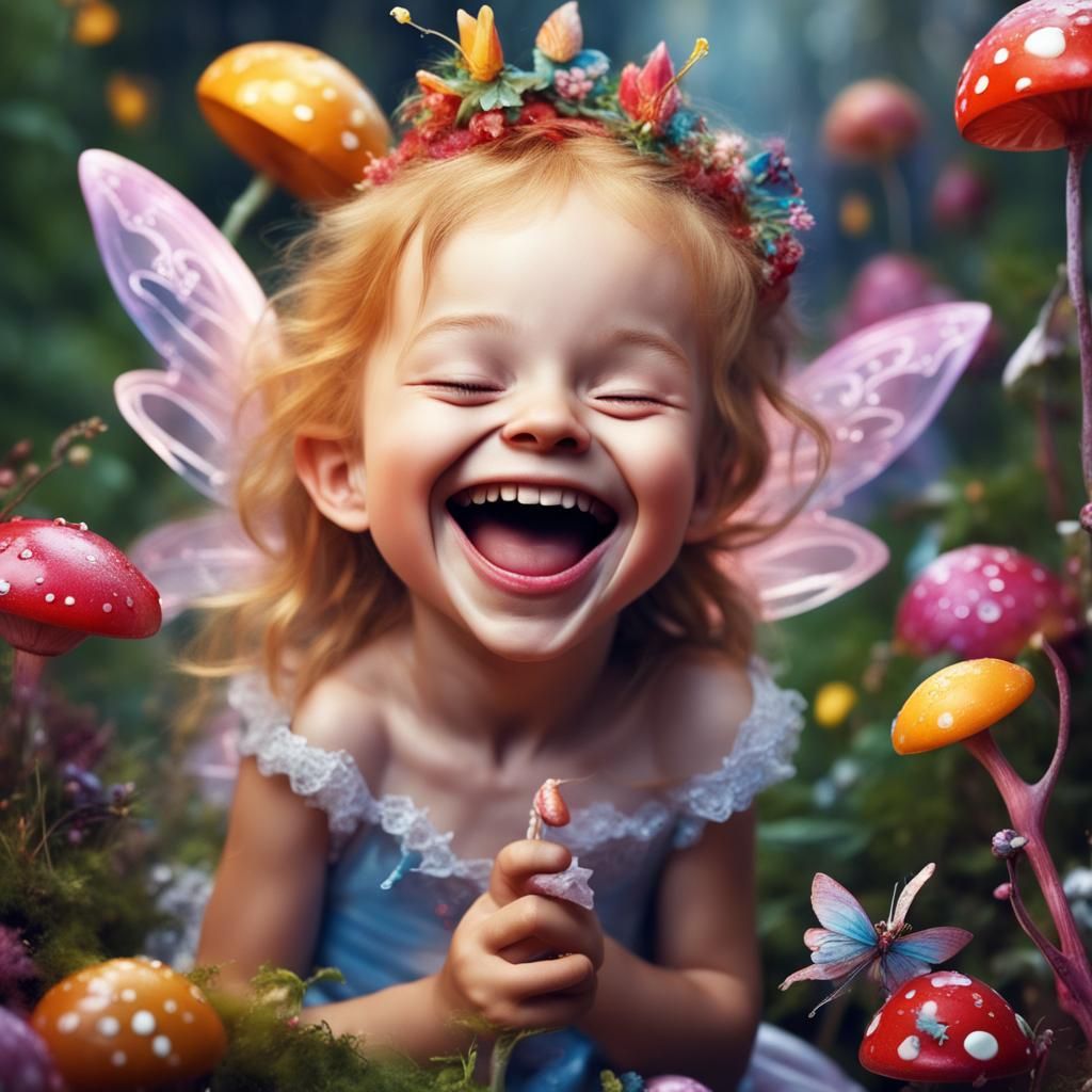 A Fairy in a Wonderland is laughing very hard. Happy tears of joy ...