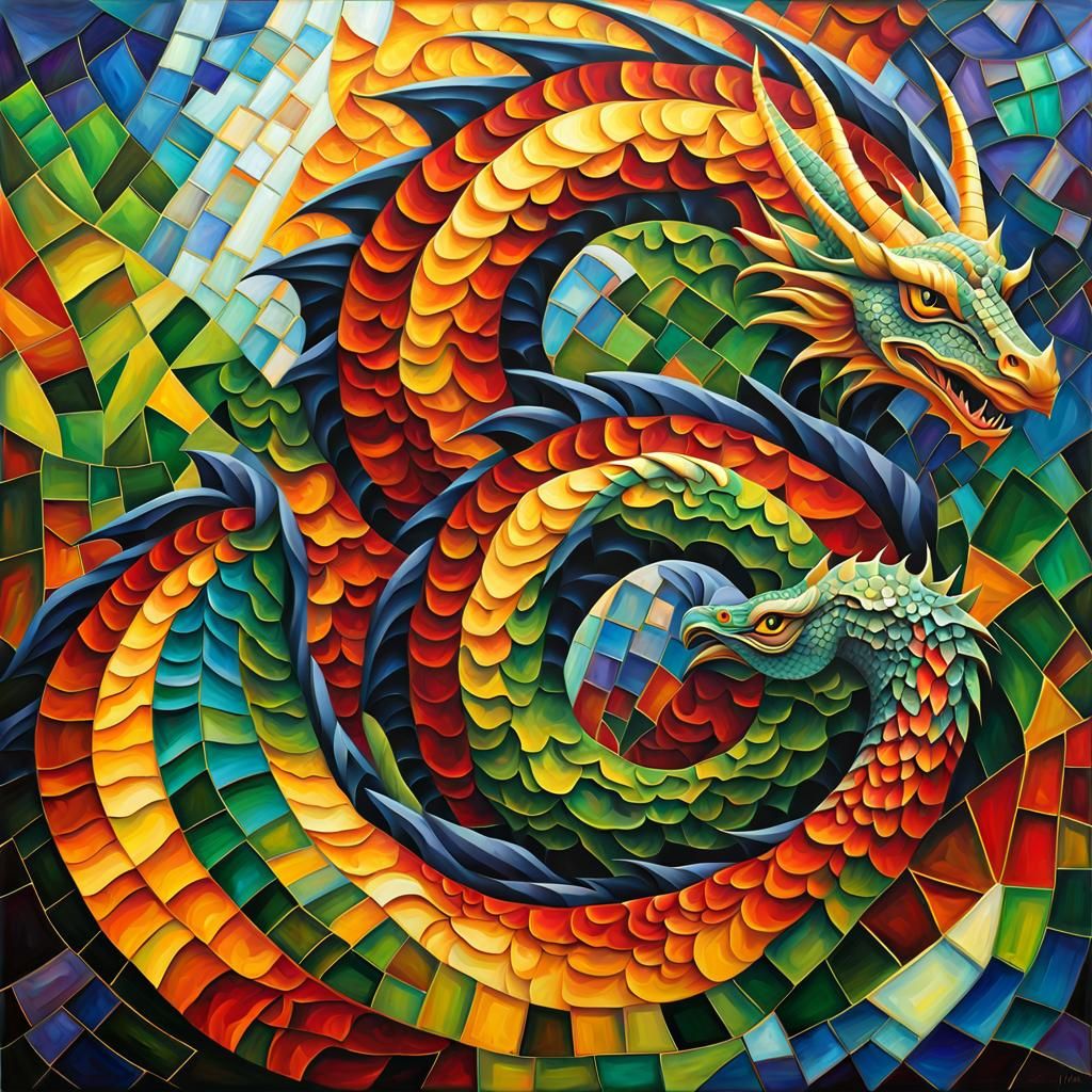 Dragon. Beautiful rustic mosaic patchwork, abstract, surreal, sharp ...