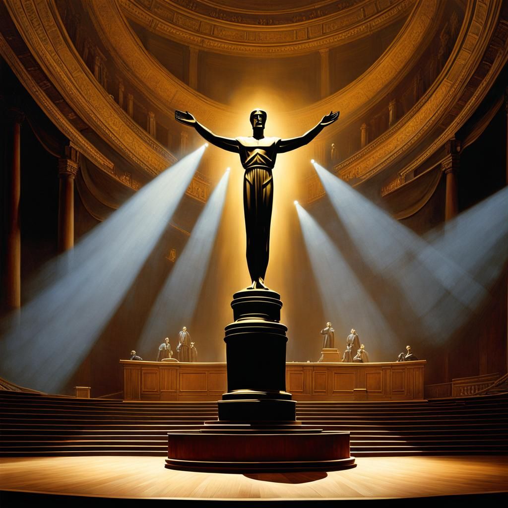 A giant Oscar statue, {an academy award:1.8}, dignified, on a theatre ...
