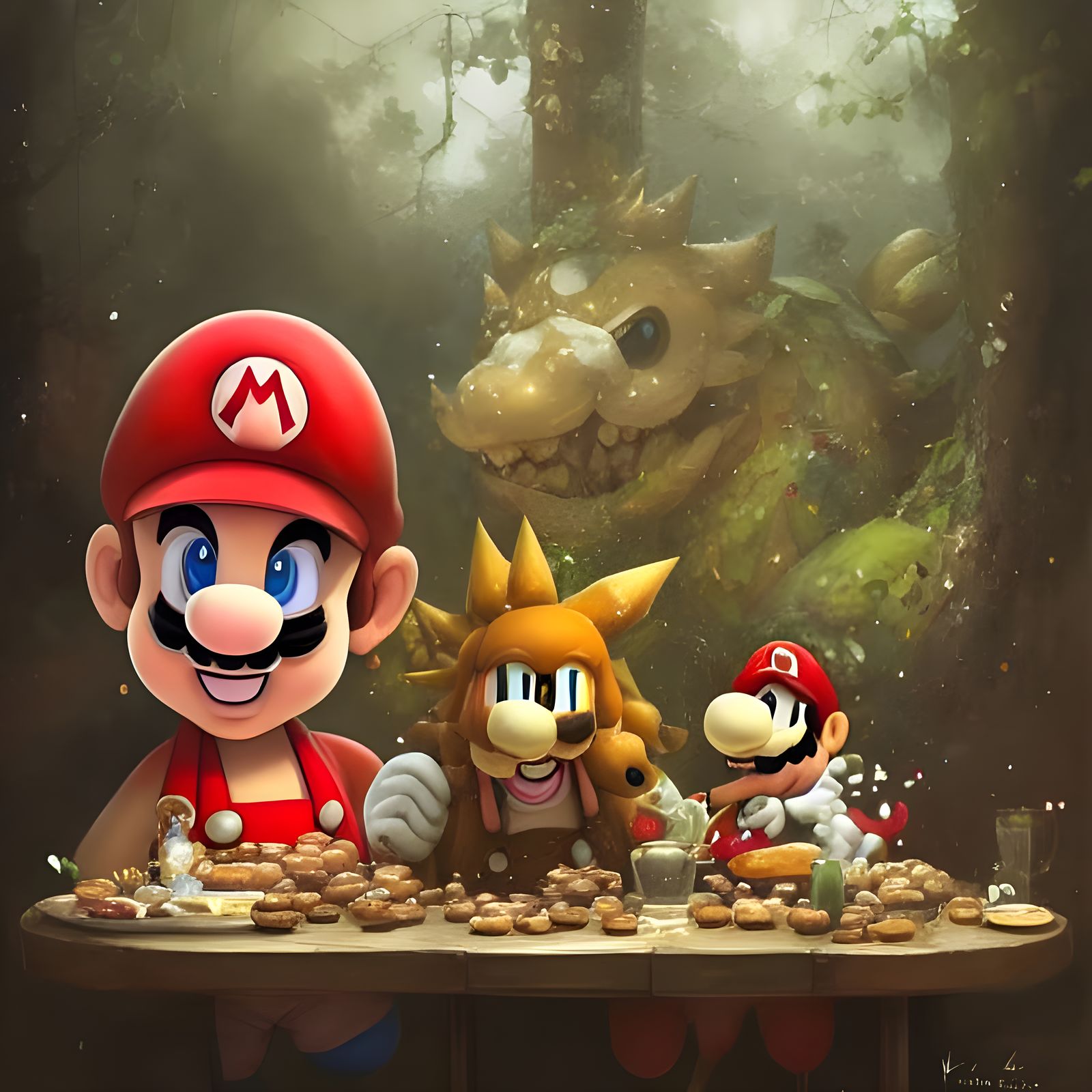 Bowser is Stalking Mario and Friends Enjoying Mushroom Dinner - AI ...