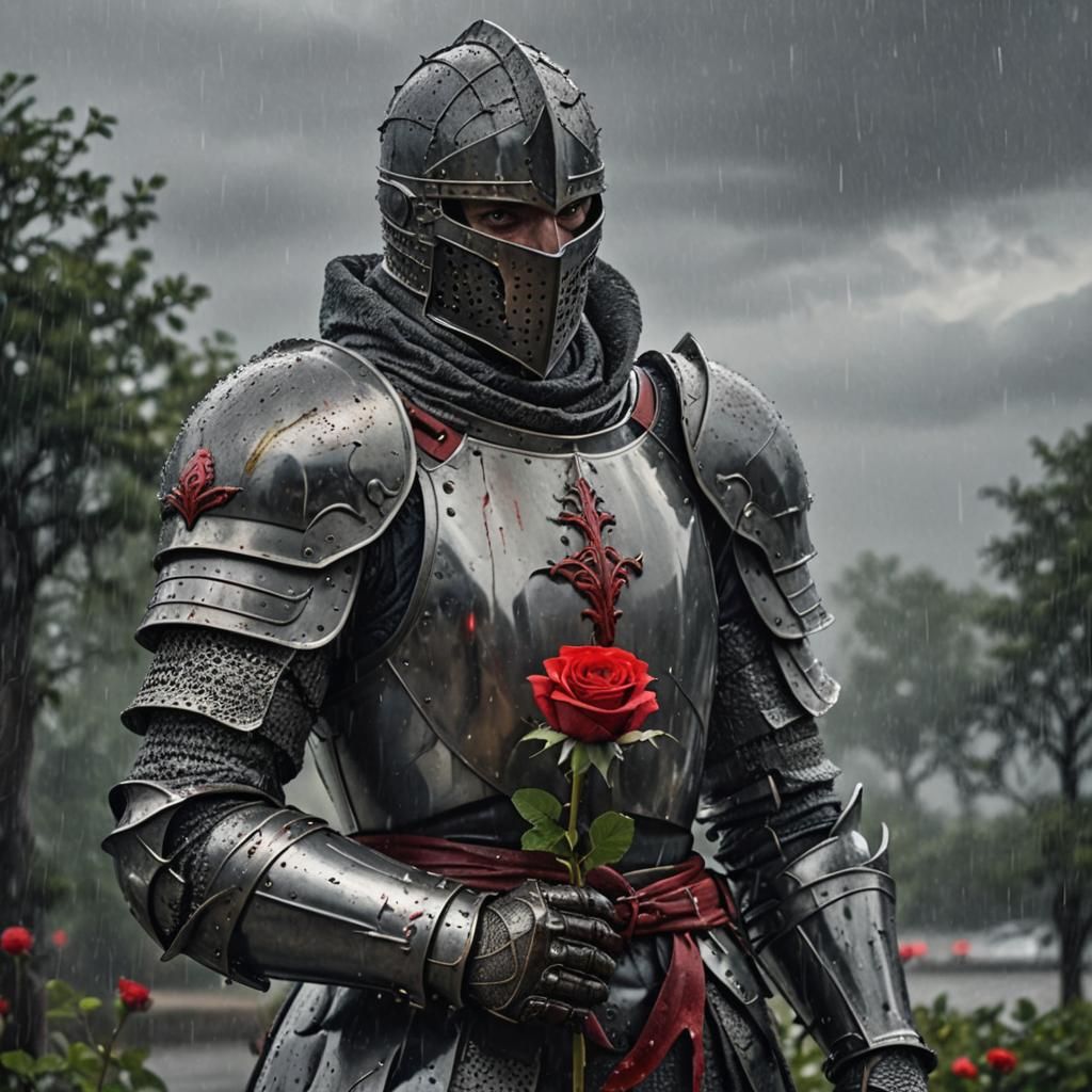 A sad picture - a knight, rain and a rose - AI Generated Artwork ...