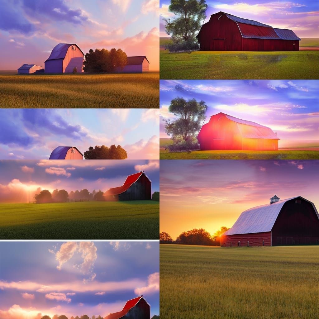 Ohio, sunrise over the peak of a farm barn with sunbeams and a ...