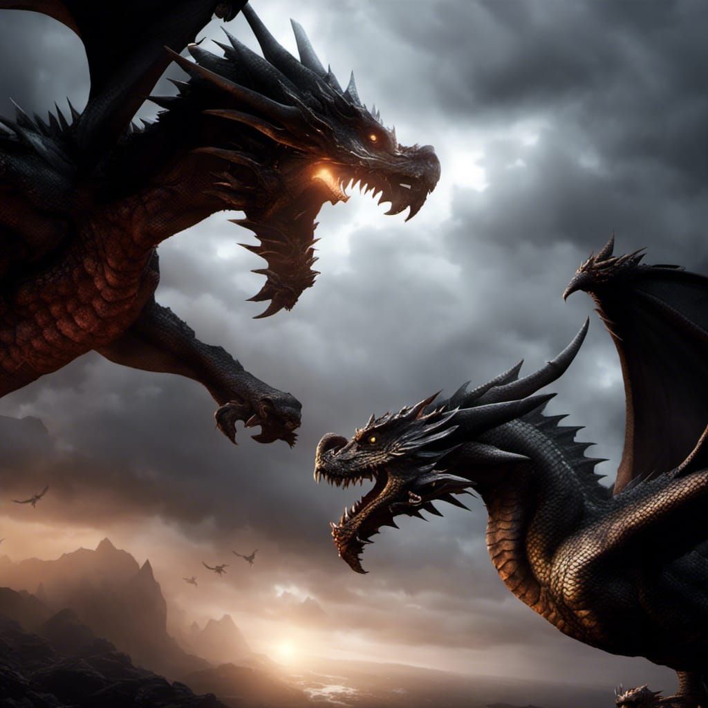 2 dragons fighting in sky at dusk, dark gritty weather Unreal Engine ...