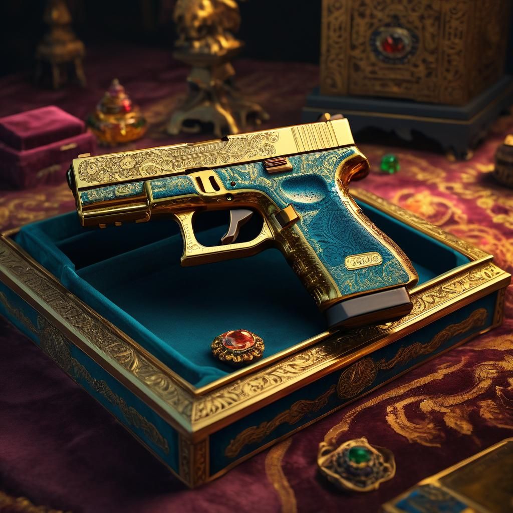 Glock Gold - Golden Glock on Velvet-Covered Pedestal in Orn...