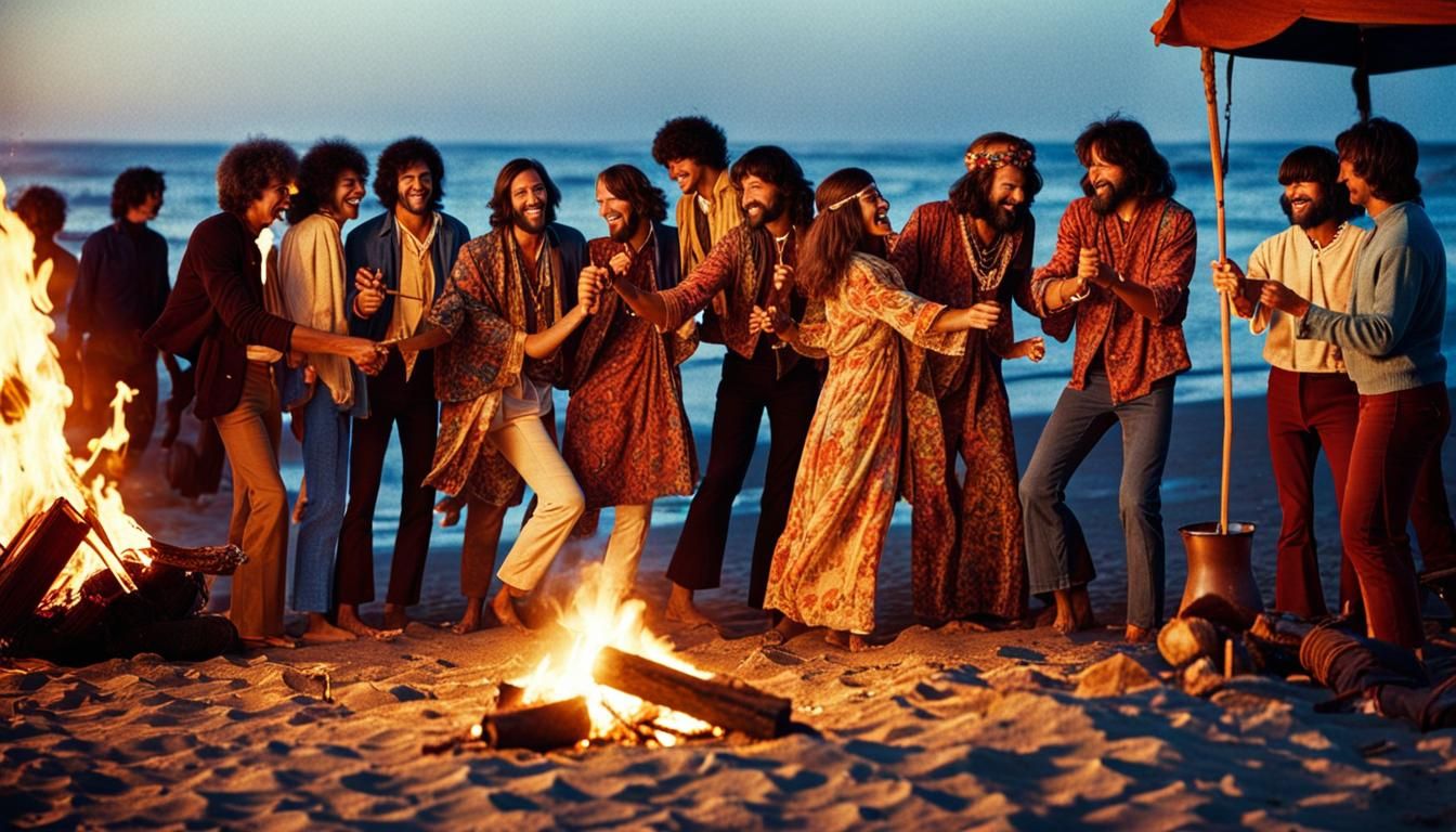 group of hippies in the 60s, gathering on a California beach #2 - AI ...