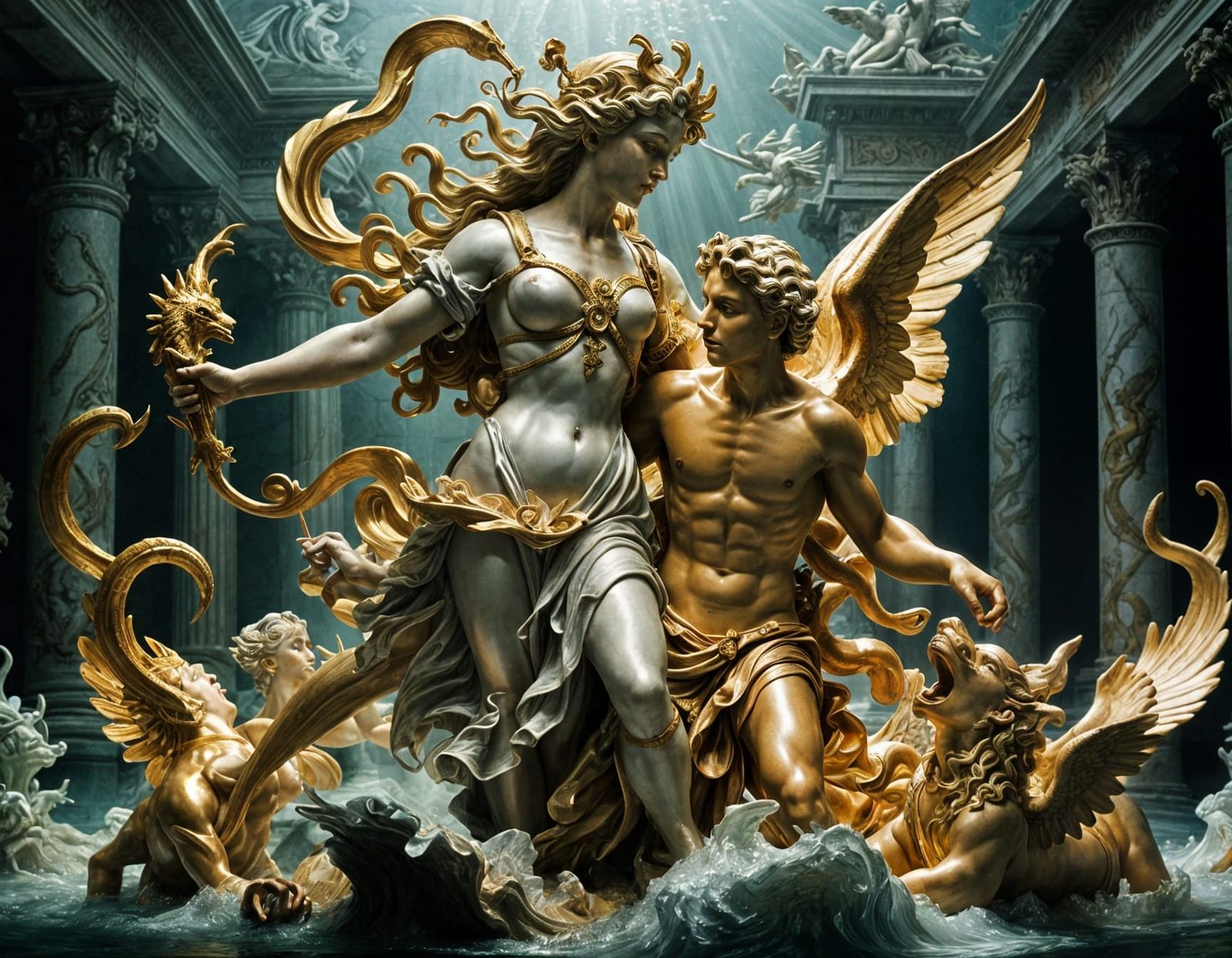 Pisces ♓ Mythology — Venus and Cupid escape, before transforming into fish