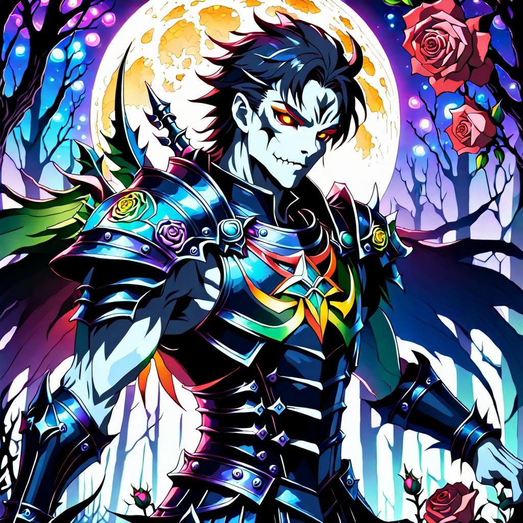 (rainbow colored dark fantasy anime art of a handsome demon warrior ...