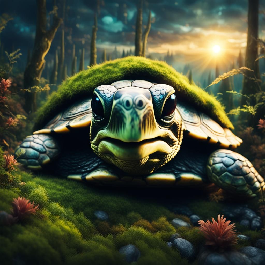 Very Very Old Turtle With A Moss Coat On It Ai Generated Artwork 