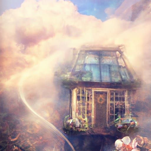 Fantasy magical majestic glass houseon above clouds, surrounded by ...