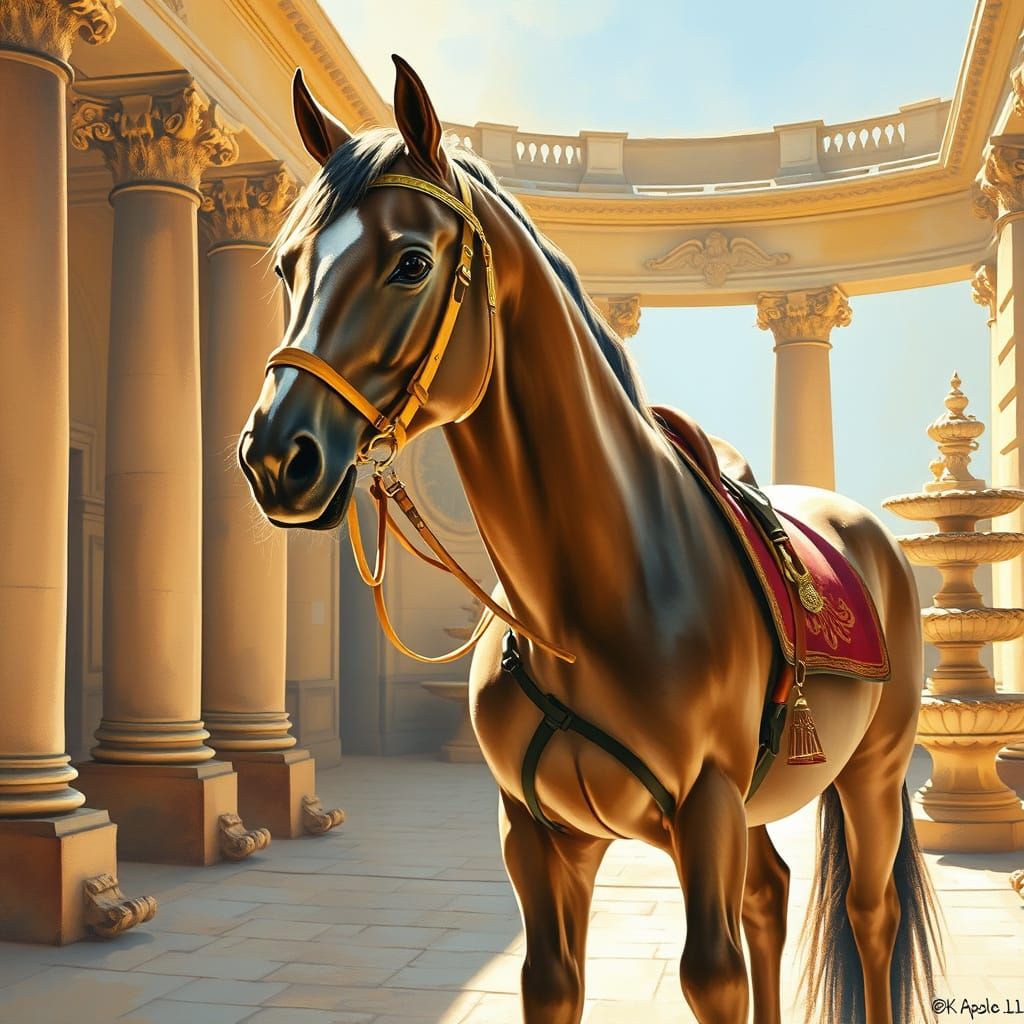 A majestic, proud horse, adorned with gleaming golden bridle and regal ...
