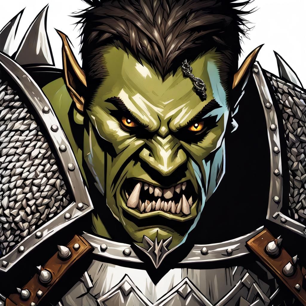 close up image of a half-orc paladin assassin (snarling, snaggled ...