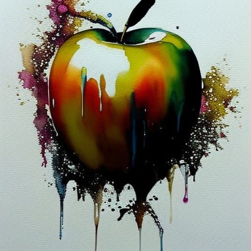 Watercolour painting of an apple in the style of Carne Griffiths ...