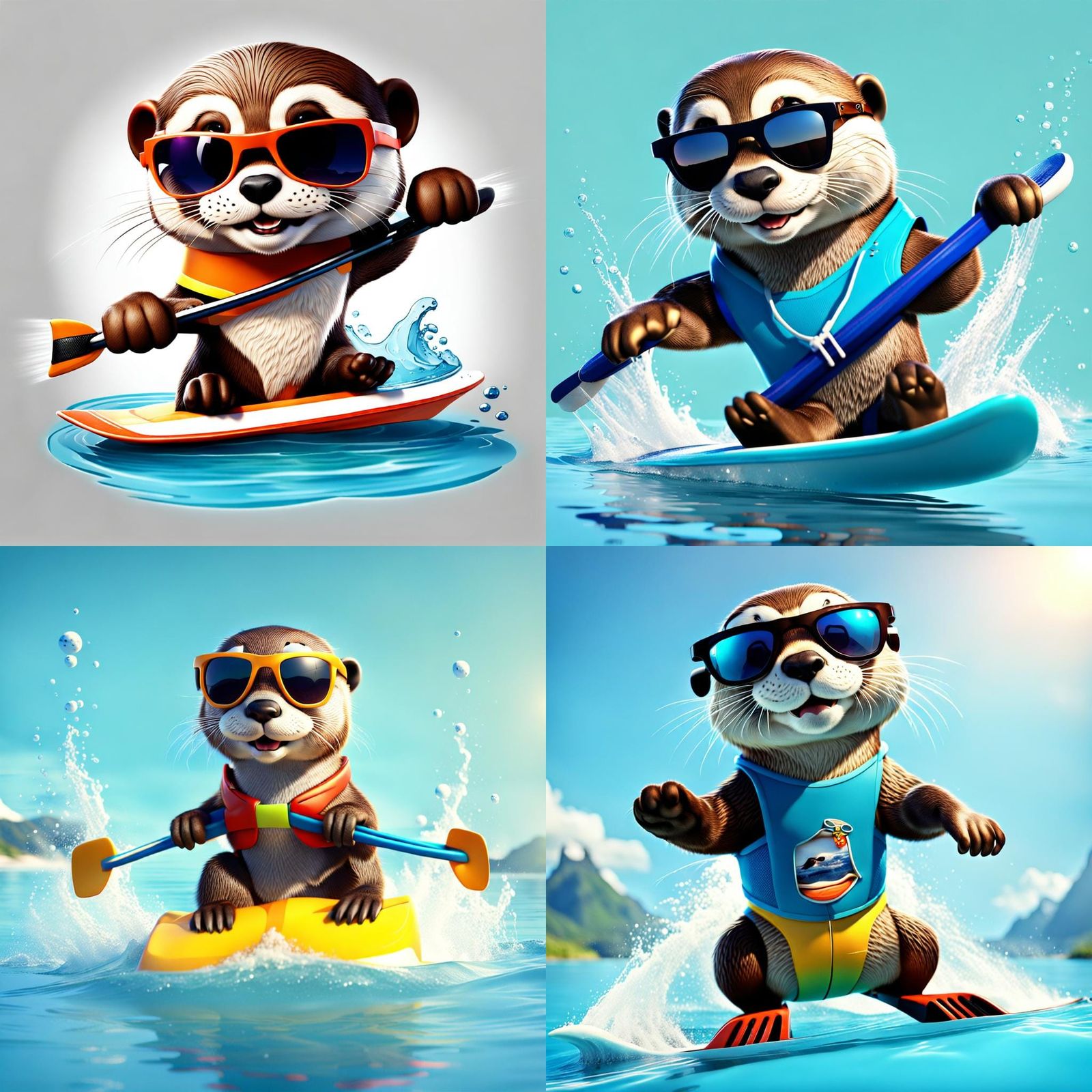 Adorable happy CGI cartoon otter water skiing wearing sunglasses - AI ...