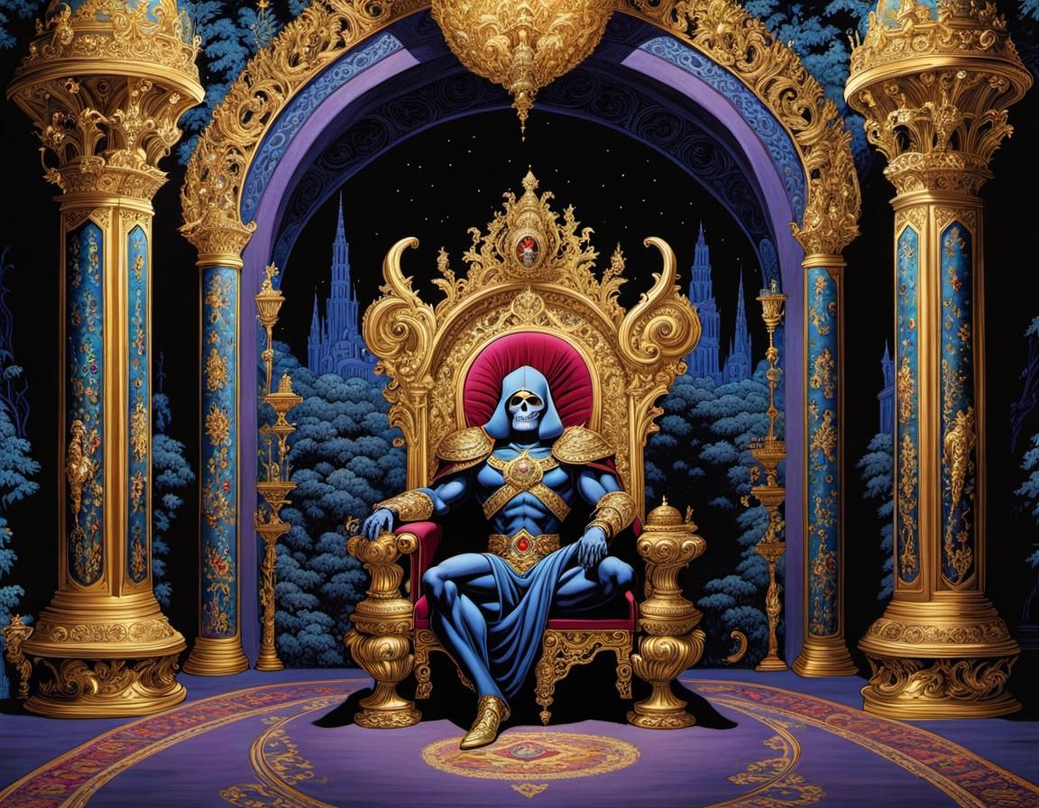 Skeletor in throne room, illustration by Raqib Shaw, Masters of the ...