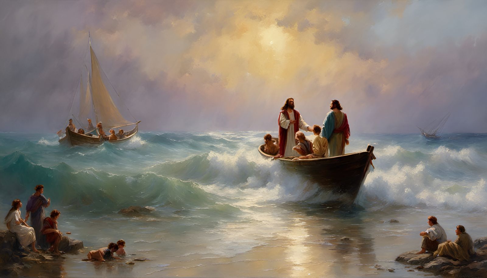 E1002-Jesus at the sea shore teaching disciples in boat-AR16x9-2004 ...