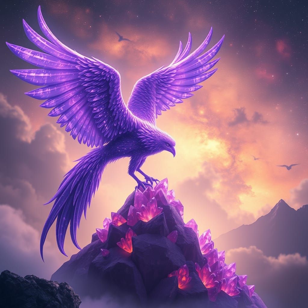 Violet Phoenix on Amethyst Mountain in Ethereal St... - AI Art