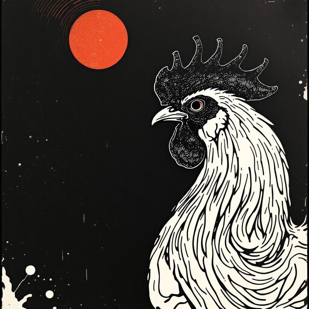 Crimson moon hangs low, the rooster stands in silence, waiting for the ...