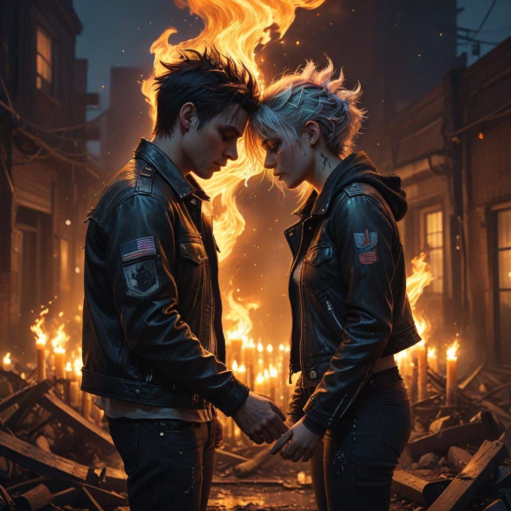 Moonlit Revolt: Punk Couple's Fiery Love - AI Art