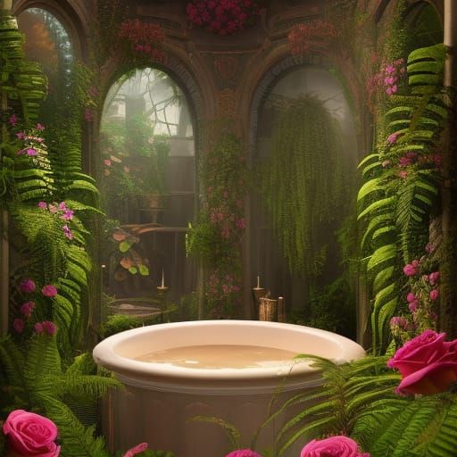 Beautiful antique bath house with pools and plants with roses and ferns ...