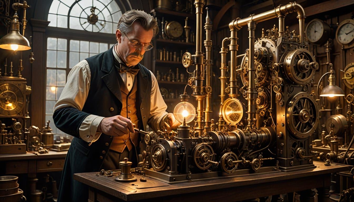 Steampunk Inventor Crafts Victorian-Era Machine in... - AI Art