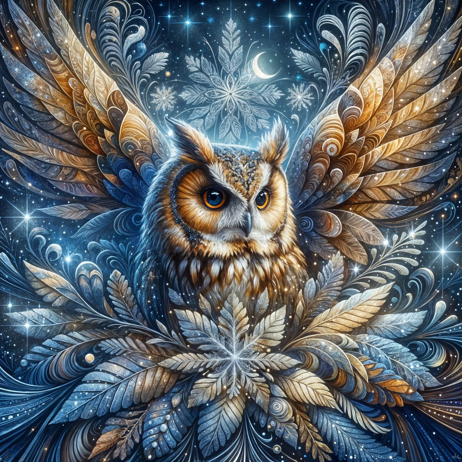 Portrait of a tawny owl, large eyed, with it's wings wide open emerging ...