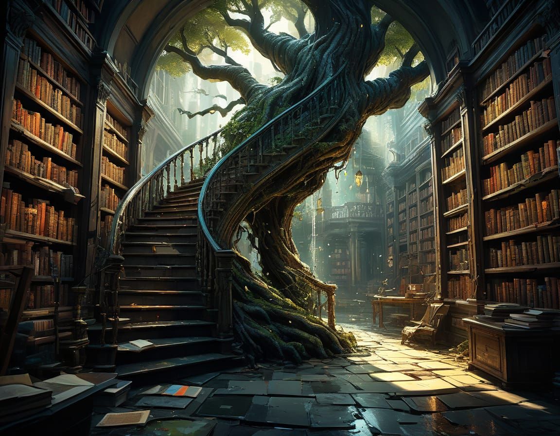 Ethereal Library Realm: Two-Story Wonder with Maje... - AI Art