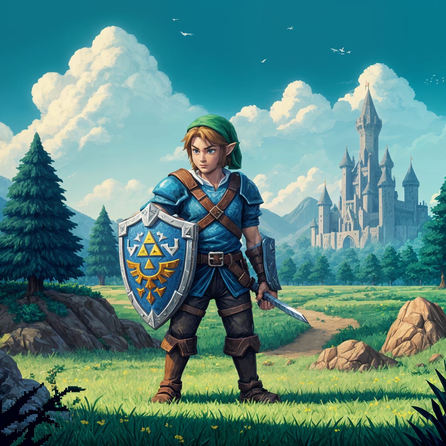 Charming Pixel Art Swordsman with Triforce Shield ... - AI Art