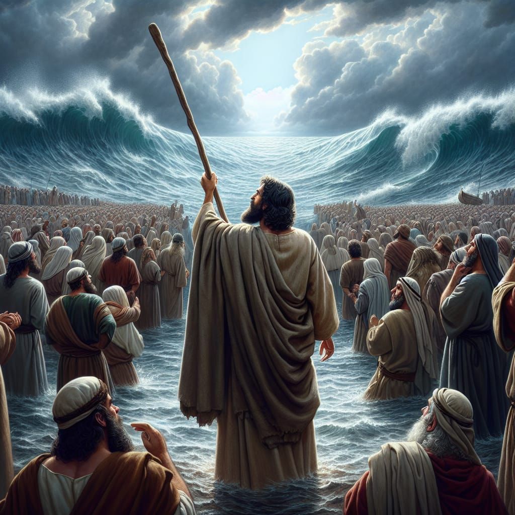Moses parting the sea, holding a staff aloft, commanding scenes - AI ...