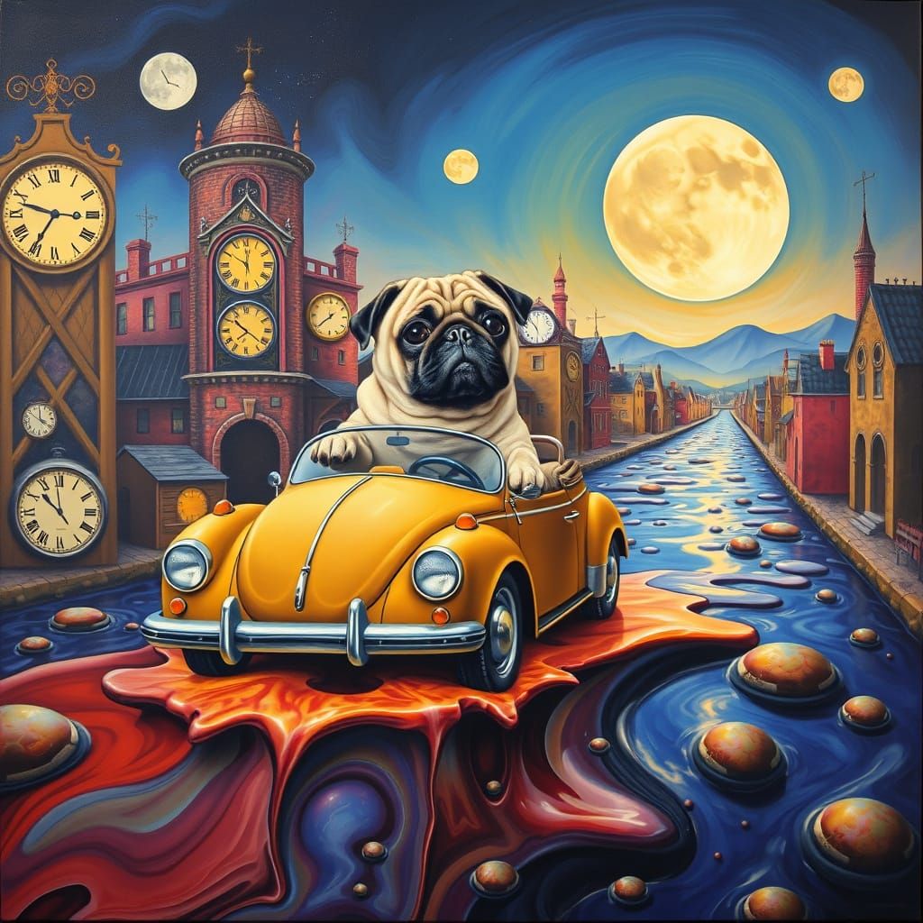 Pug driving - Pug Cruising a Surreal Fractal Road in a Melti...