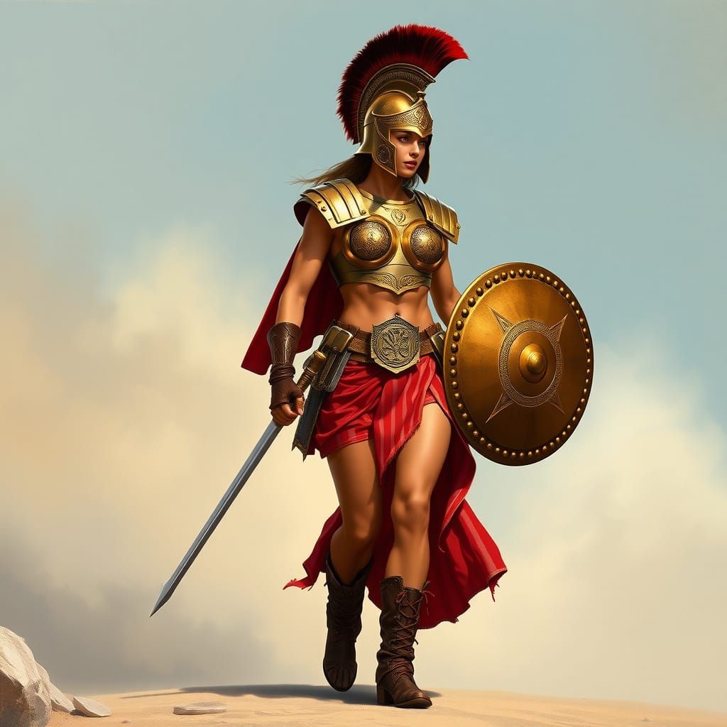 A female warrior is coming towards me. On her head she wears a helmet of the Greek Spartans who ...