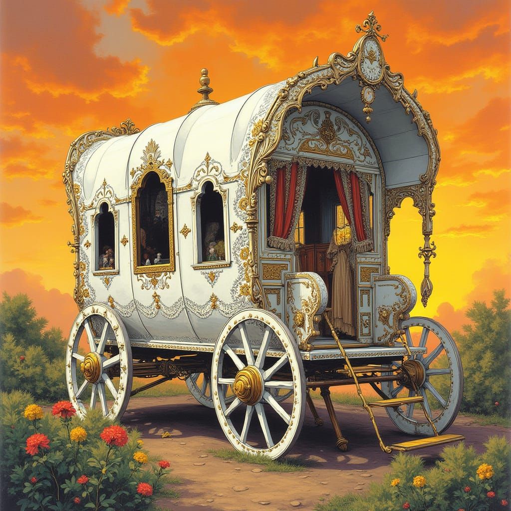 Vardo - Whimsical White Gypsy Caravan with Intricate Pattern...
