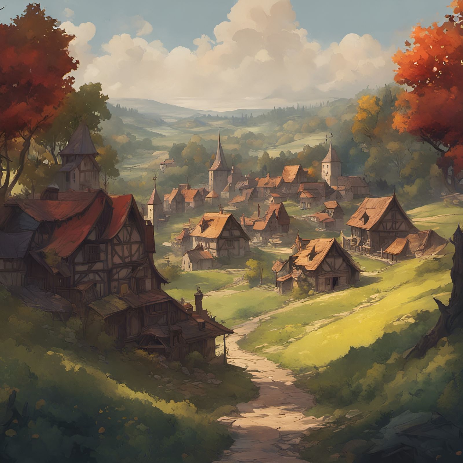 Medieval village surronded with fields and forest landscape, 8k ...