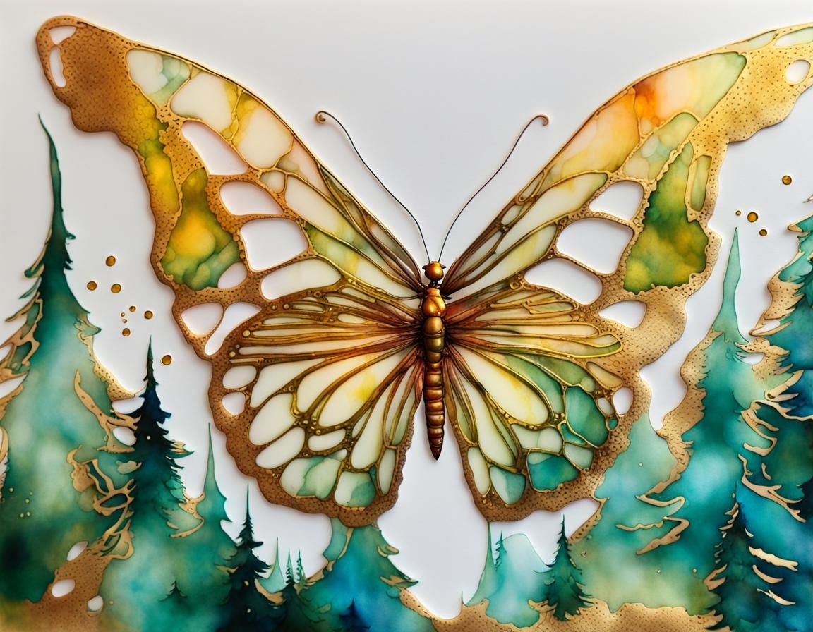 Alcohol ink. A butterfly with shiny gold edged gossamer wings, flying ...